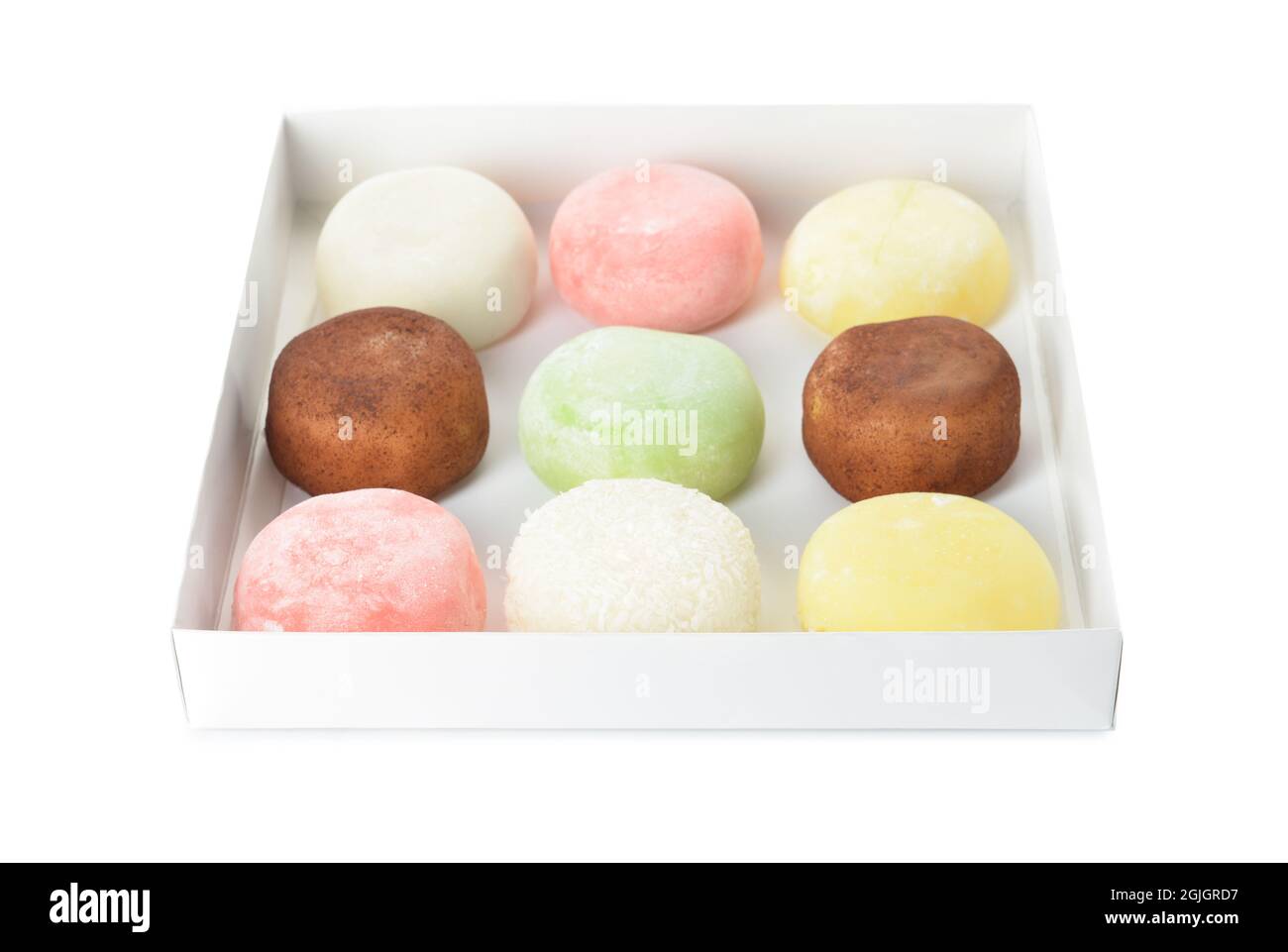 Box with tasty Japanese mochi on white background Stock Photo - Alamy