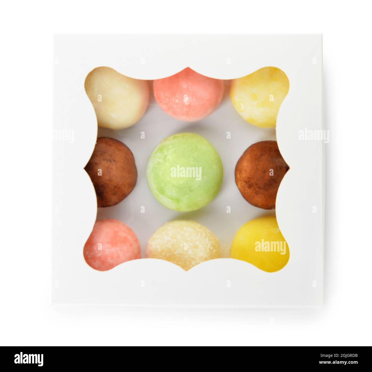 Box with tasty Japanese mochi on white background Stock Photo - Alamy