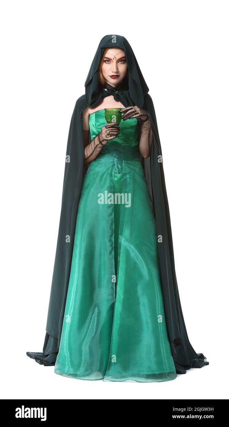 Young witch with potion on white background Stock Photo - Alamy