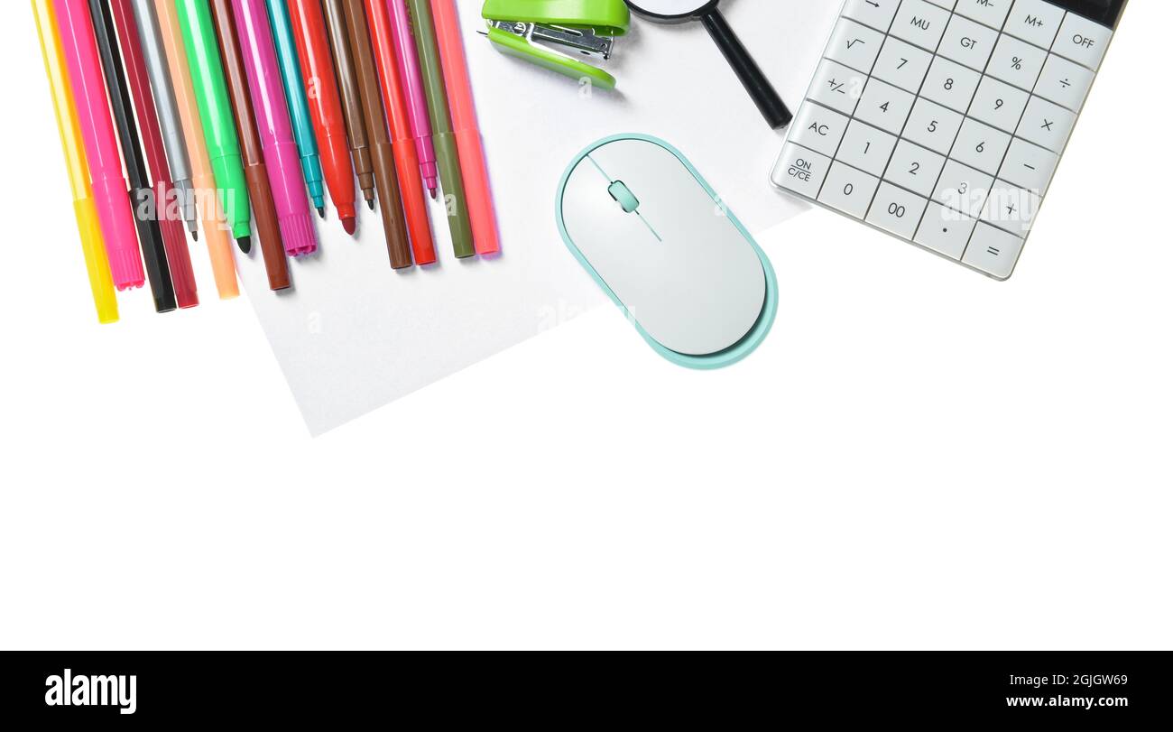 Colorful markers and computer mouse on white background Stock Photo - Alamy