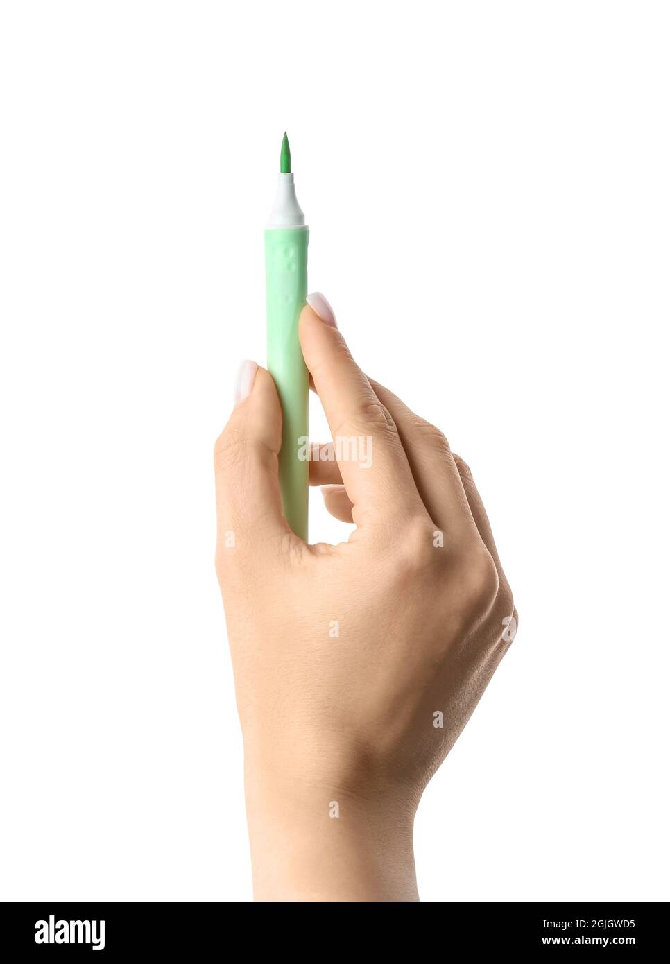 Woman holding marker on white background Stock Photo - Alamy