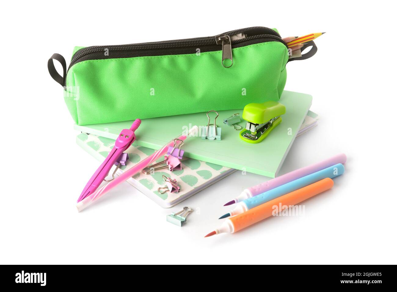 Different stationery supplies on white background Stock Photo - Alamy