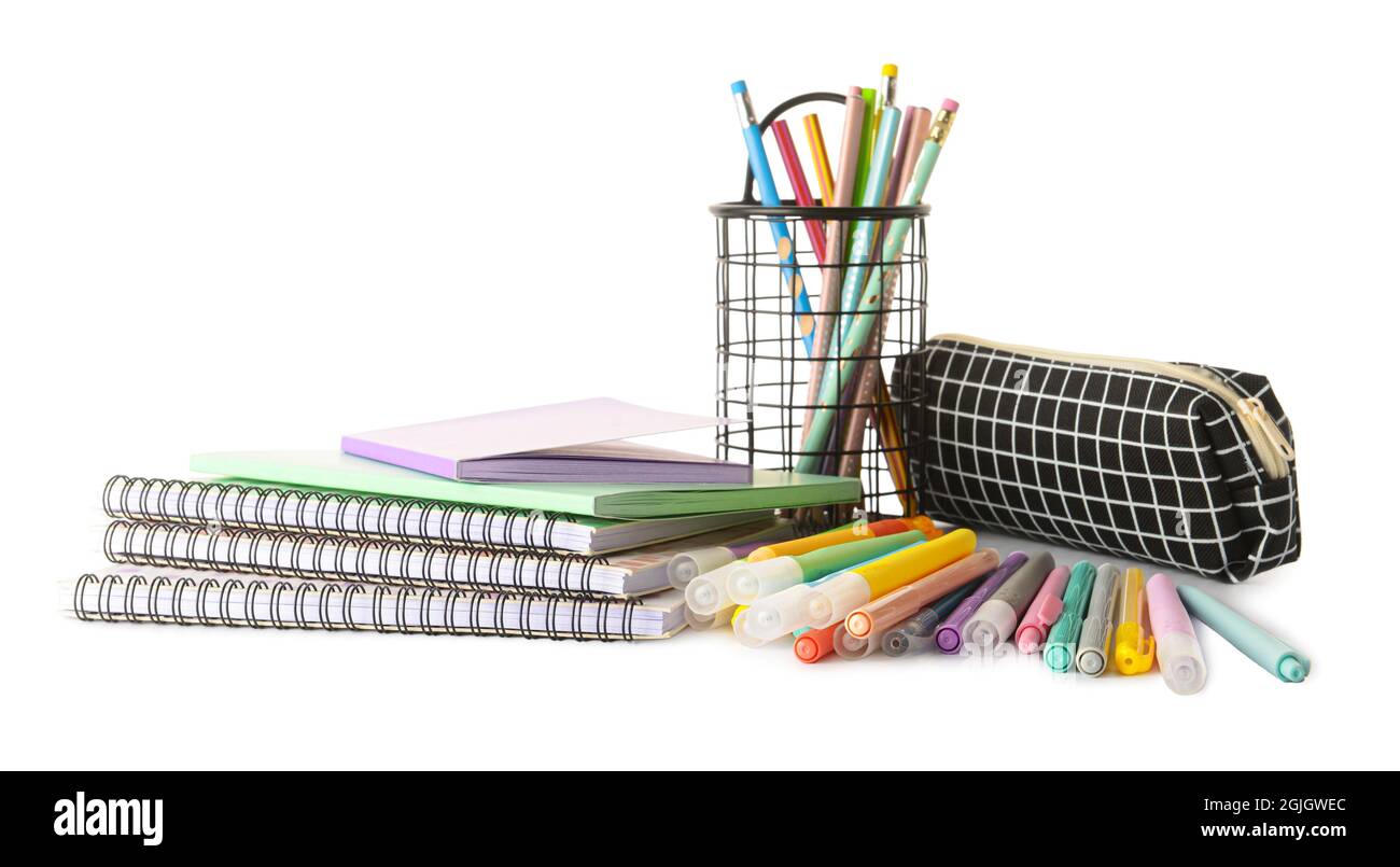 Different stationery supplies on white background Stock Photo - Alamy
