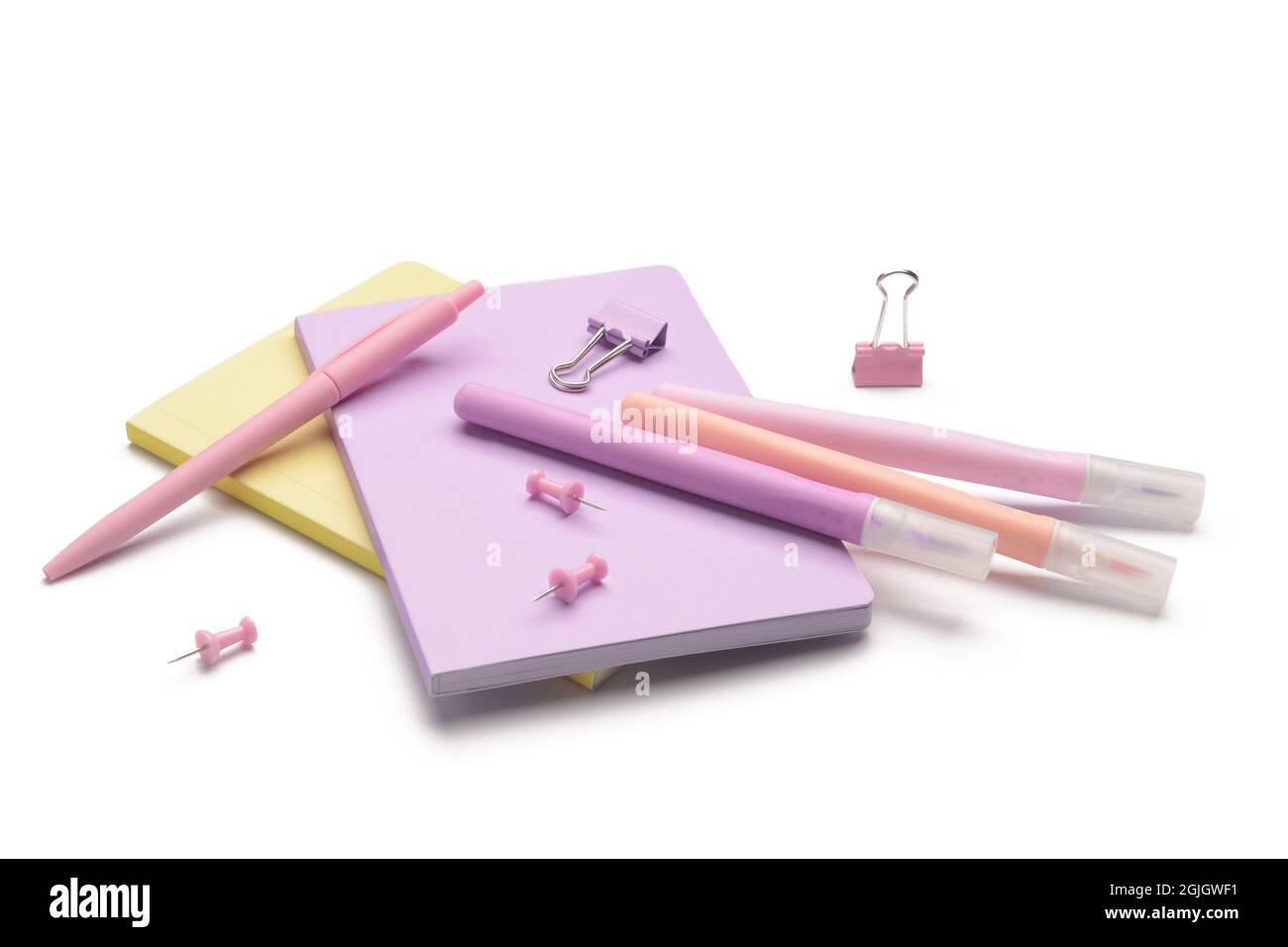 Different stationery supplies on white background Stock Photo - Alamy