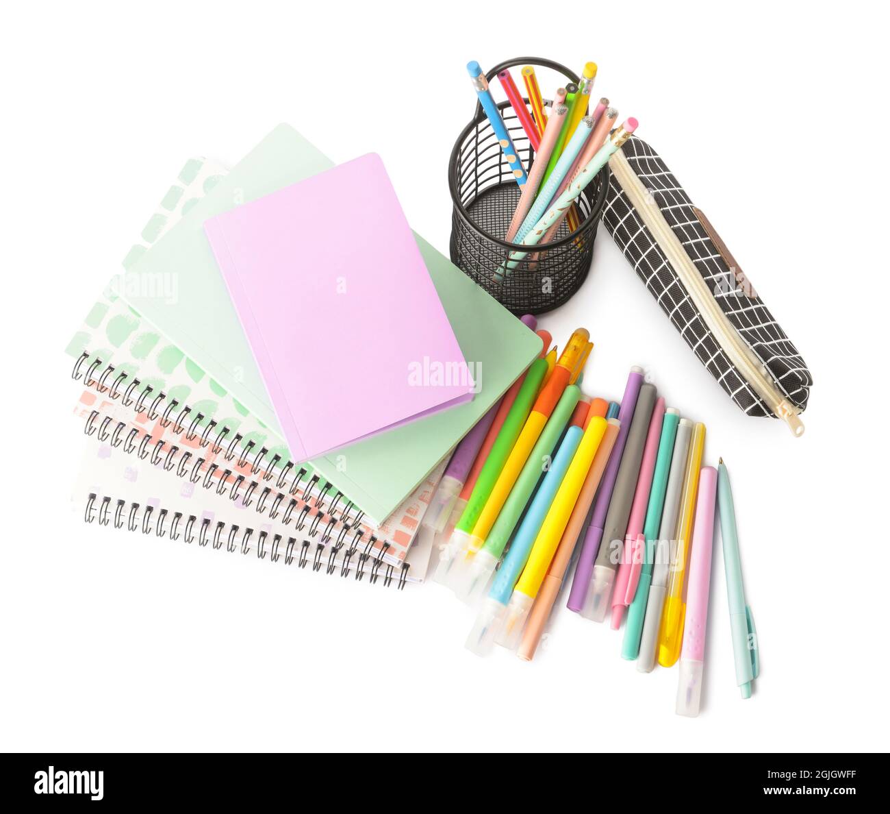Different stationery supplies on white background Stock Photo - Alamy