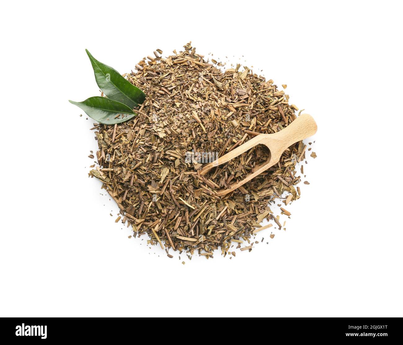 Pile of dry hojicha green tea on white background Stock Photo - Alamy