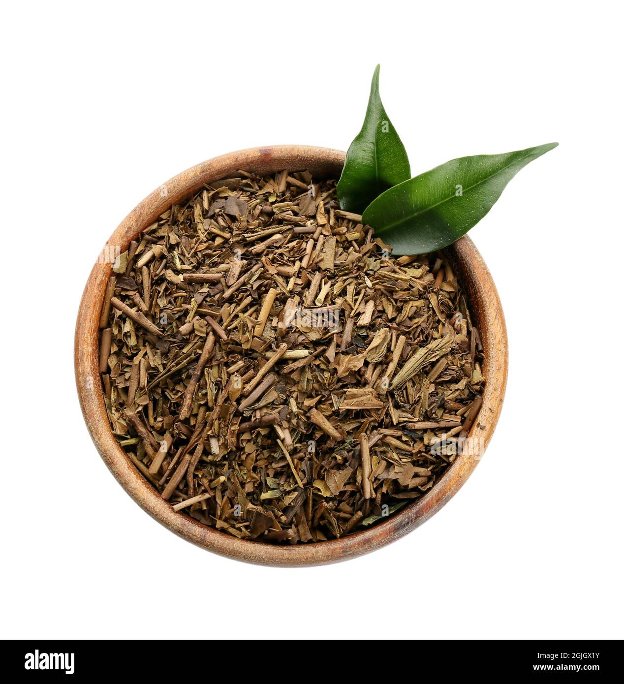Bowl of dry hojicha green tea on white background Stock Photo - Alamy