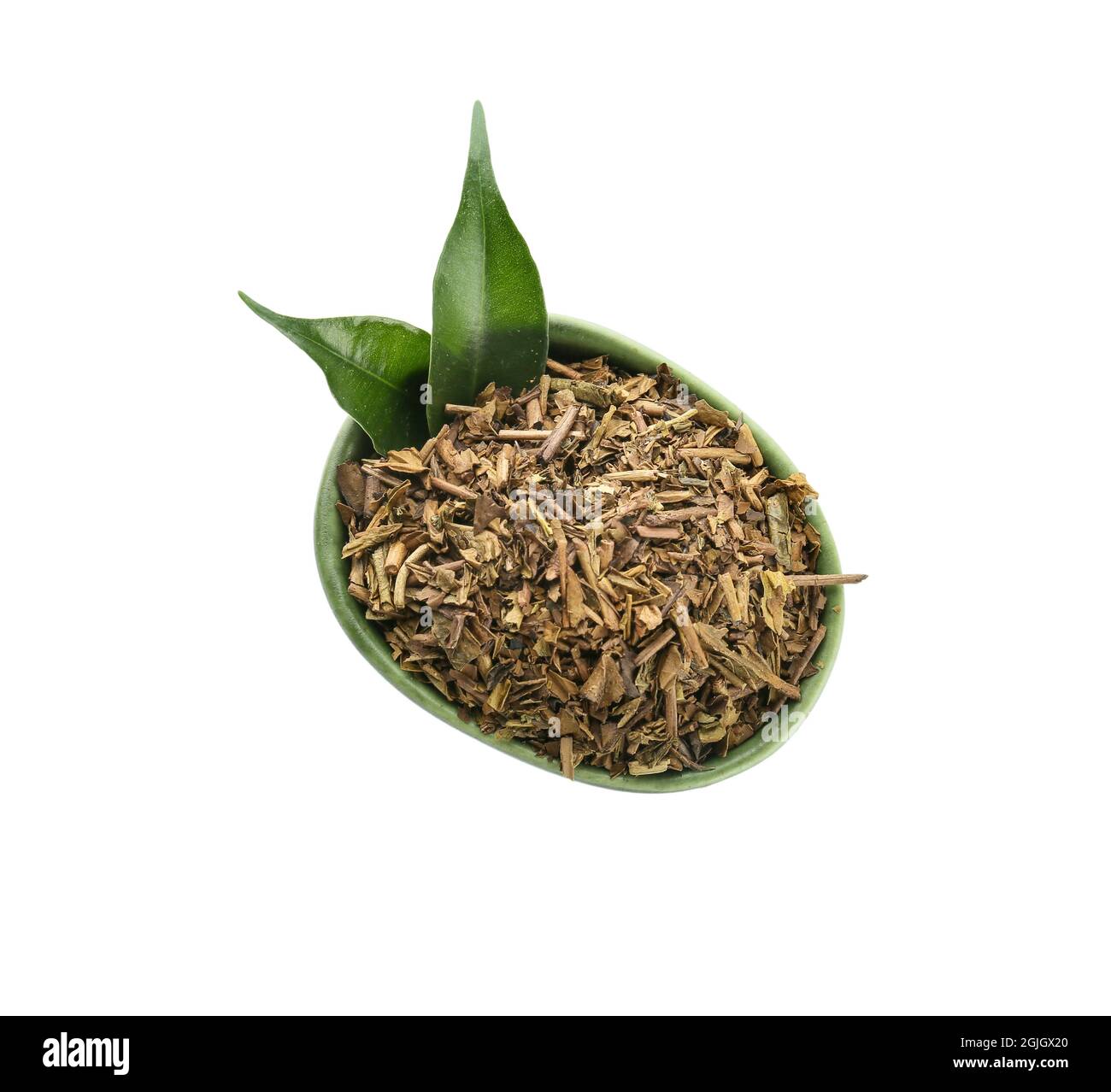 Bowl of dry hojicha green tea on white background Stock Photo - Alamy
