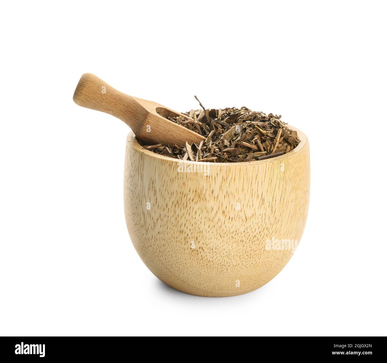 Bowl of dry hojicha green tea on white background Stock Photo - Alamy