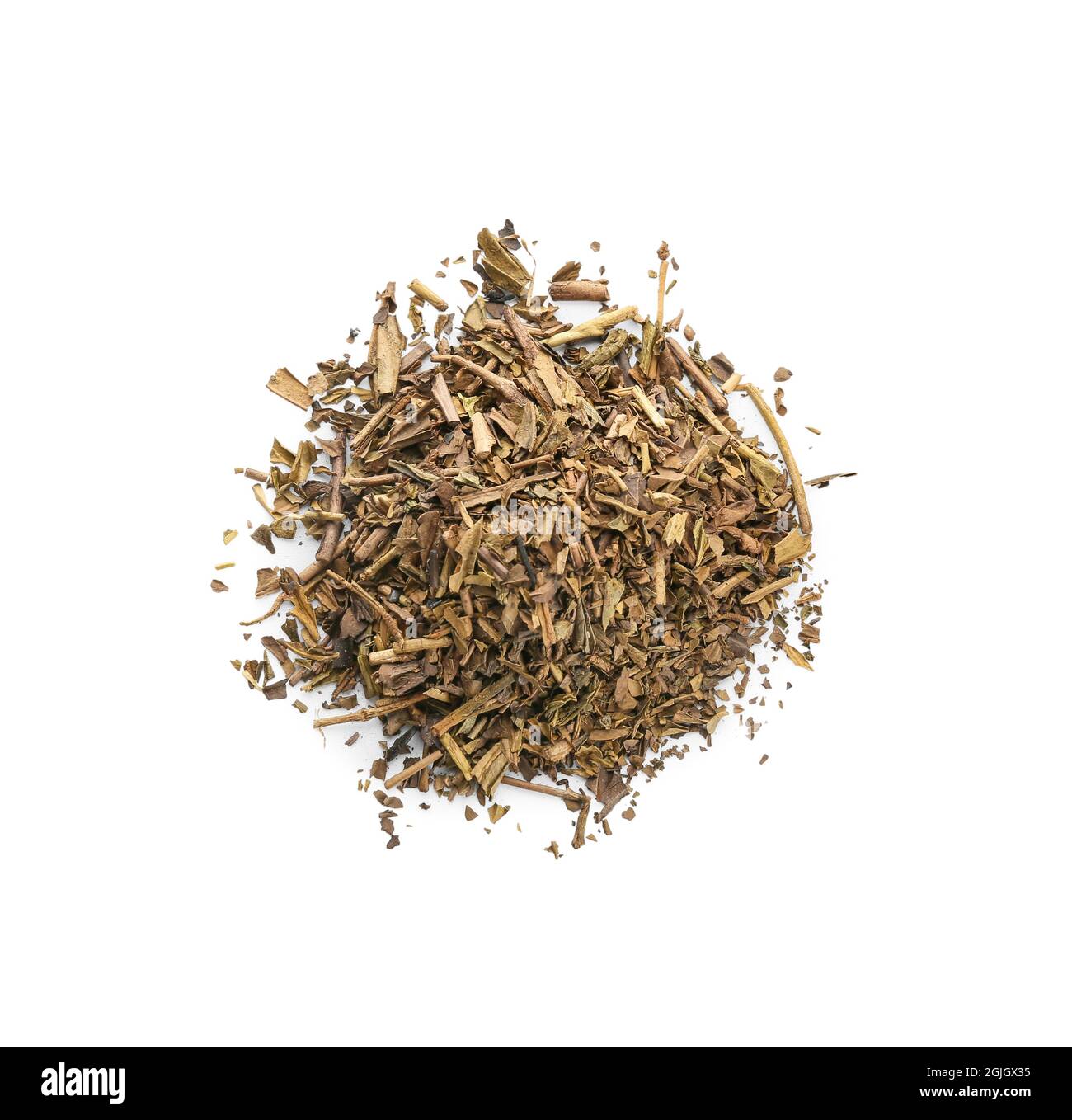Pile of dry hojicha green tea on white background Stock Photo - Alamy
