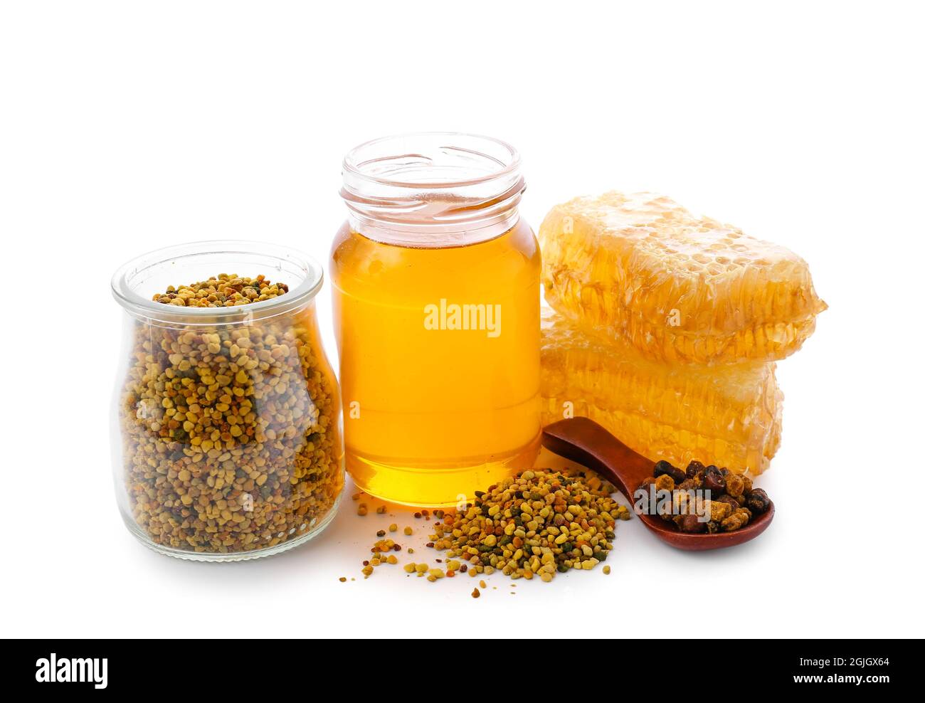 Different bee products on white background Stock Photo - Alamy