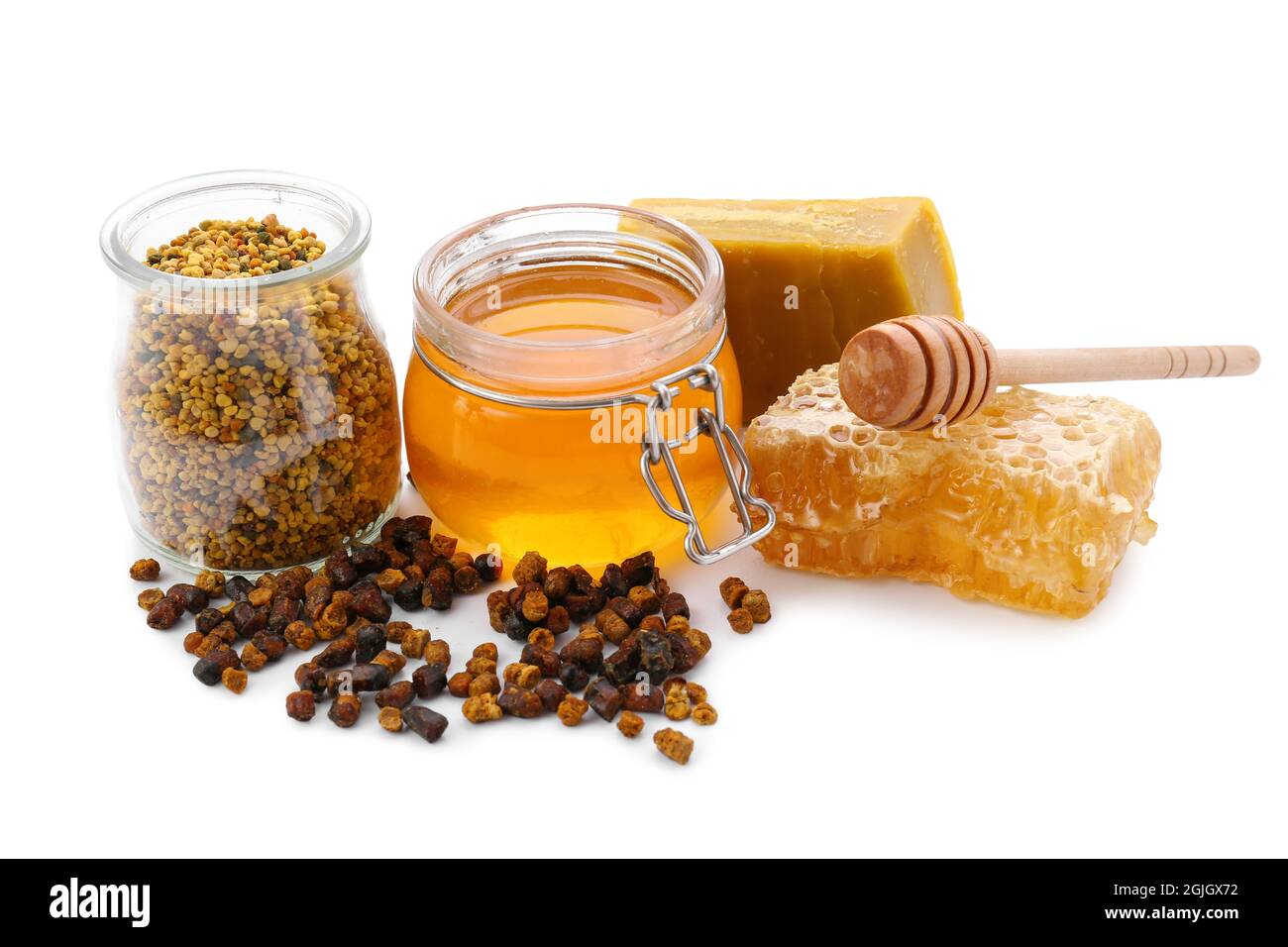 Different bee products on white background Stock Photo - Alamy