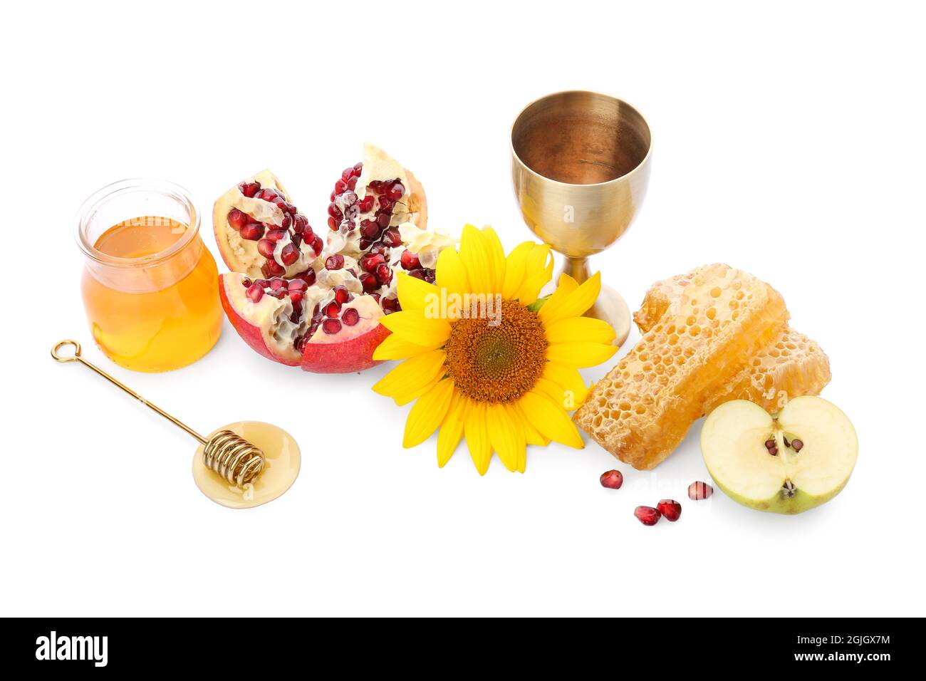 Sweet symbols of Rosh hashanah (Jewish New Year) on white background ...