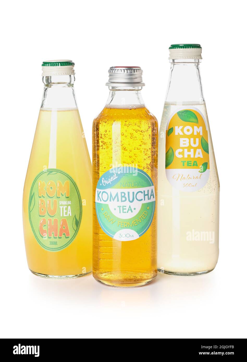 Bottles of raw fermented kombucha tea on white background Stock Photo ...