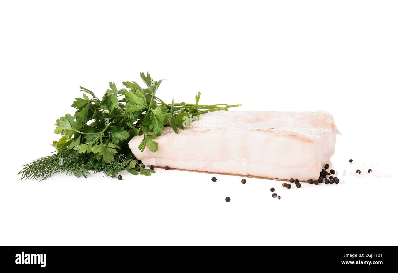 Raw lard with spices on white background Stock Photo - Alamy