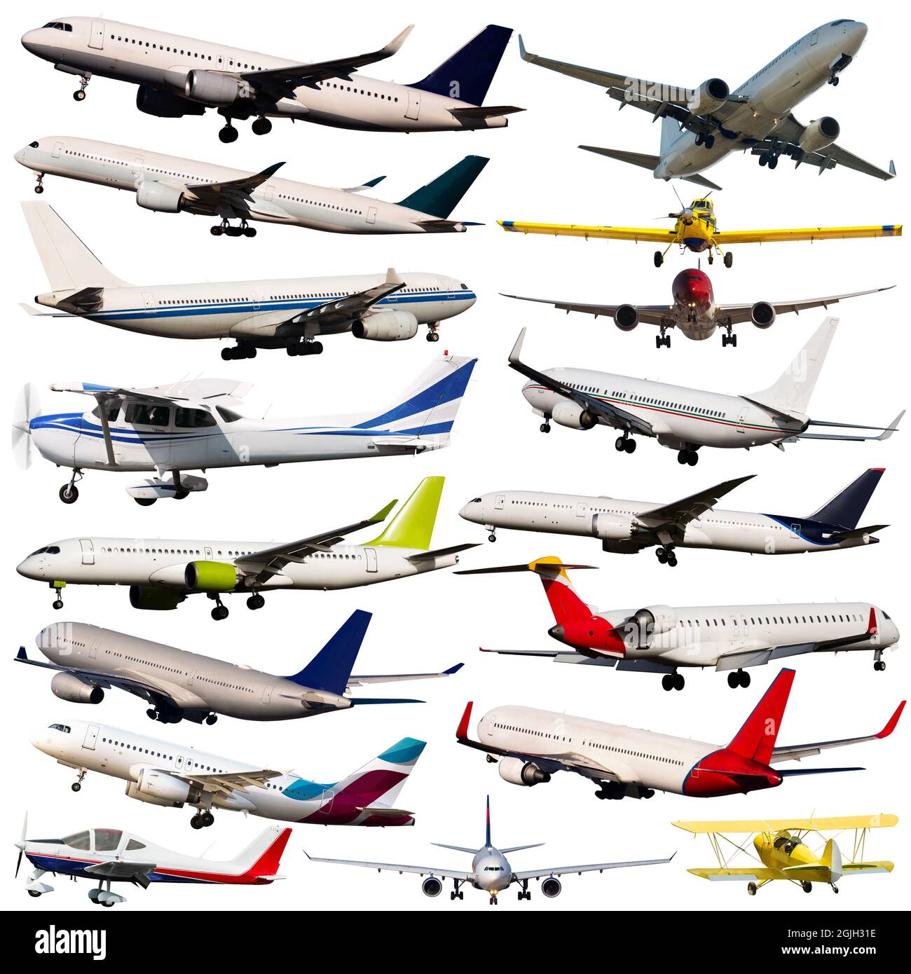 Different sports and passenger aircrafts on white background Stock ...