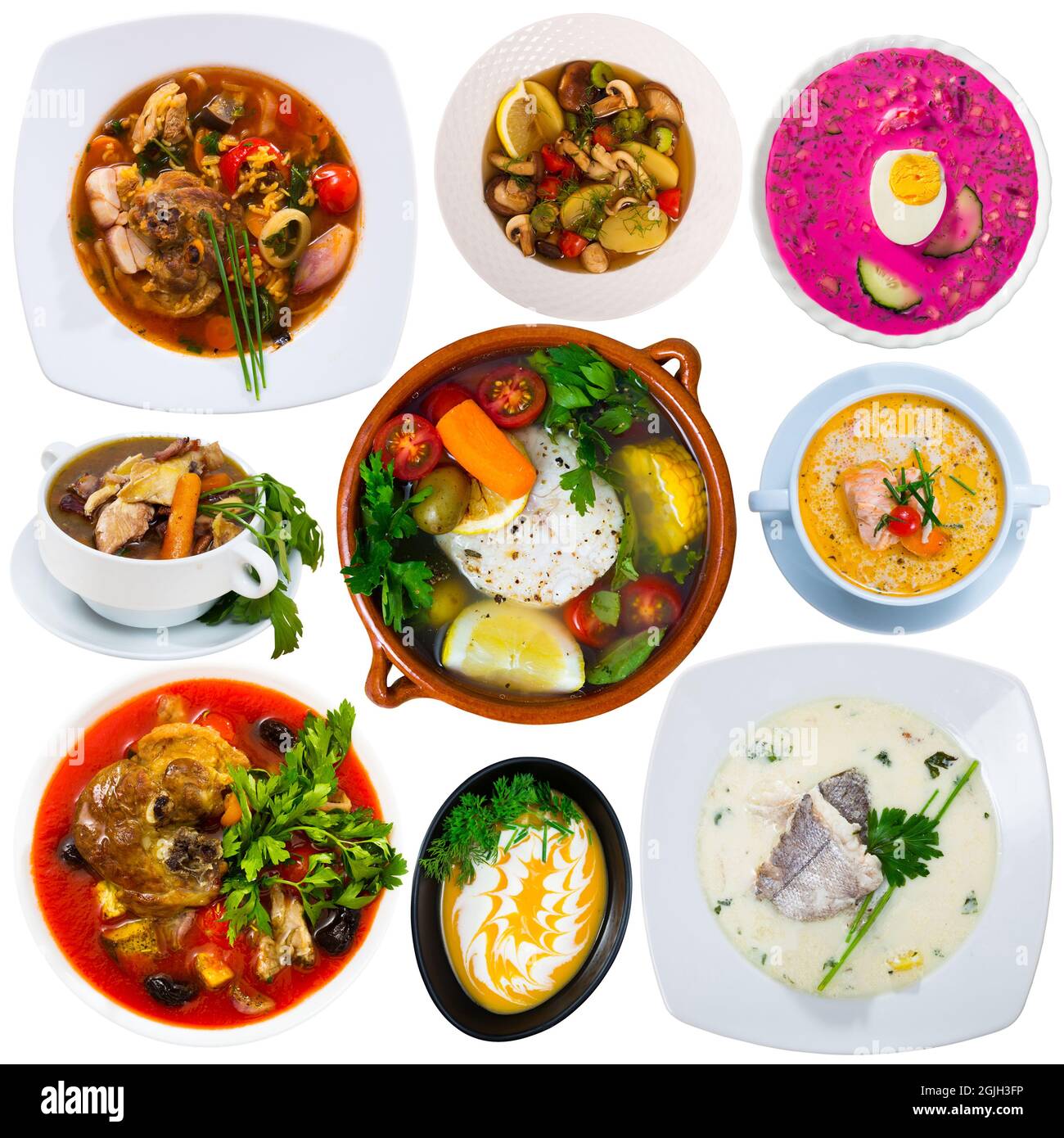 Collage of soups isolated on white Stock Photo - Alamy