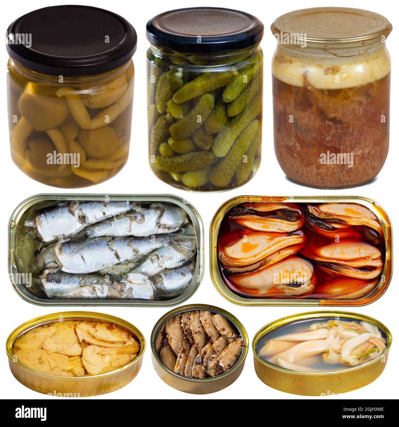 Assorted various canned goods with meat, vegetables and seafood on a ...