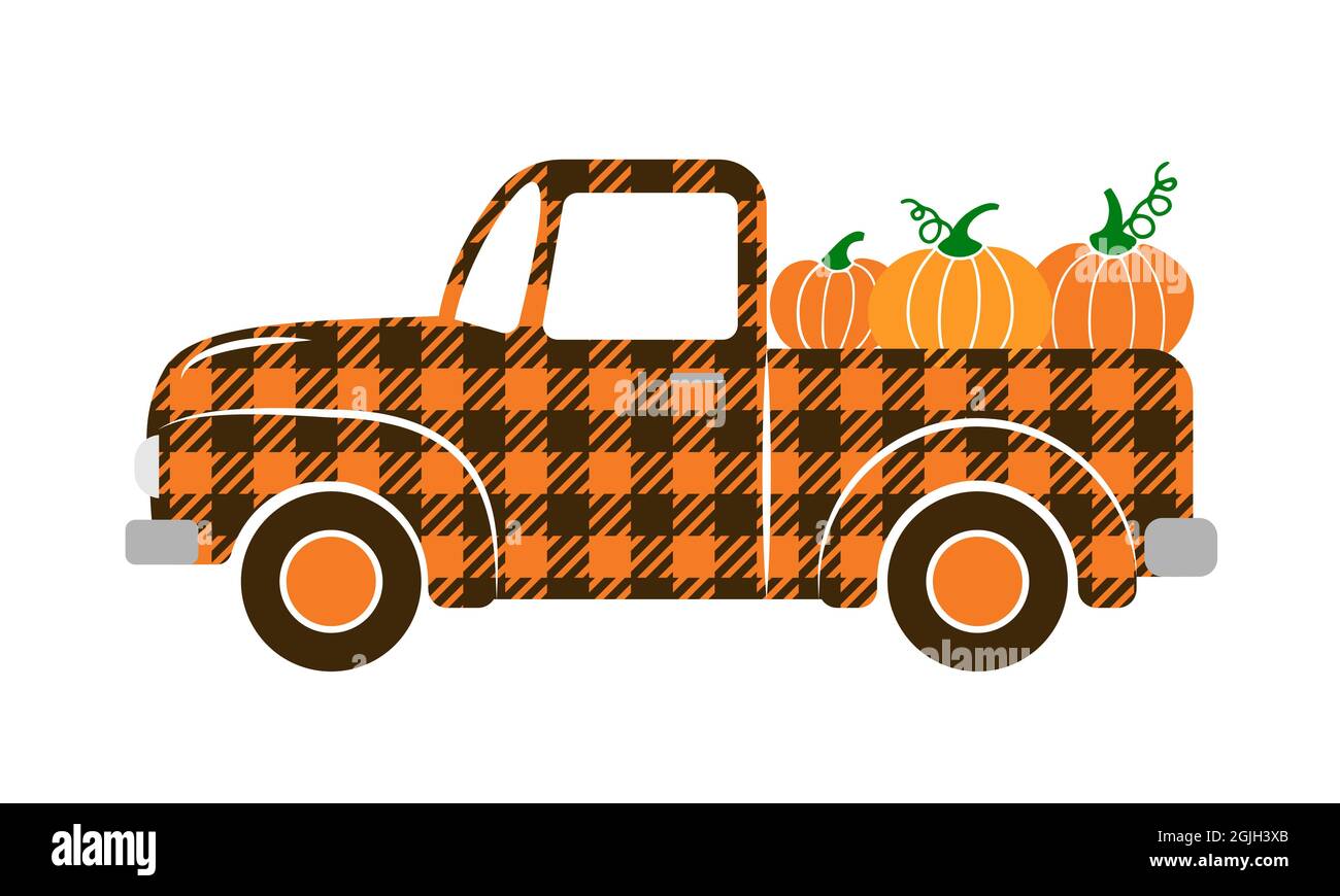 Fall retro truck with pumpkins. Autumn buffalo plaid pickup. Vector ...