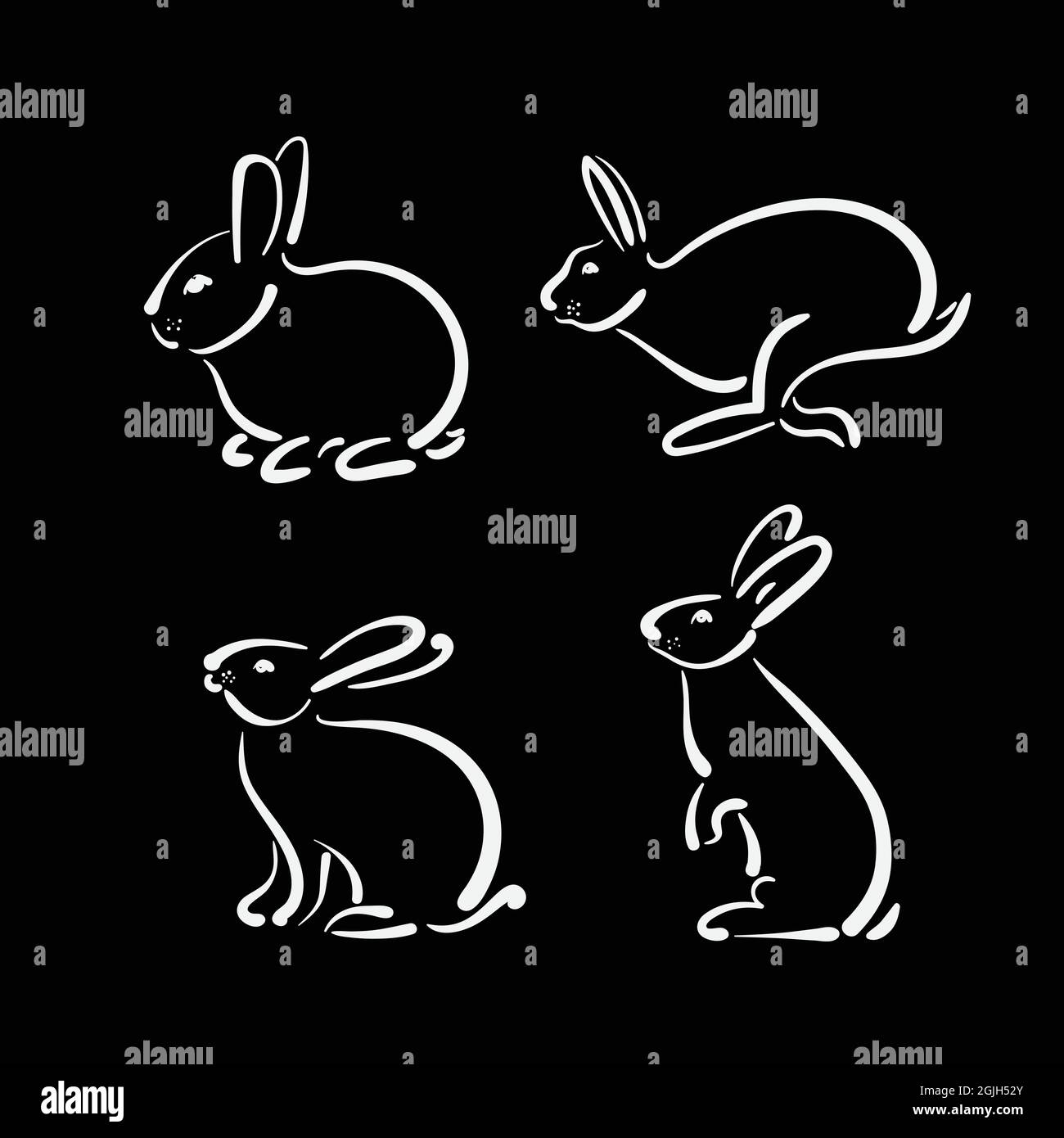 Vector group of hand drawn rabbit on black background. Wild Animals ...