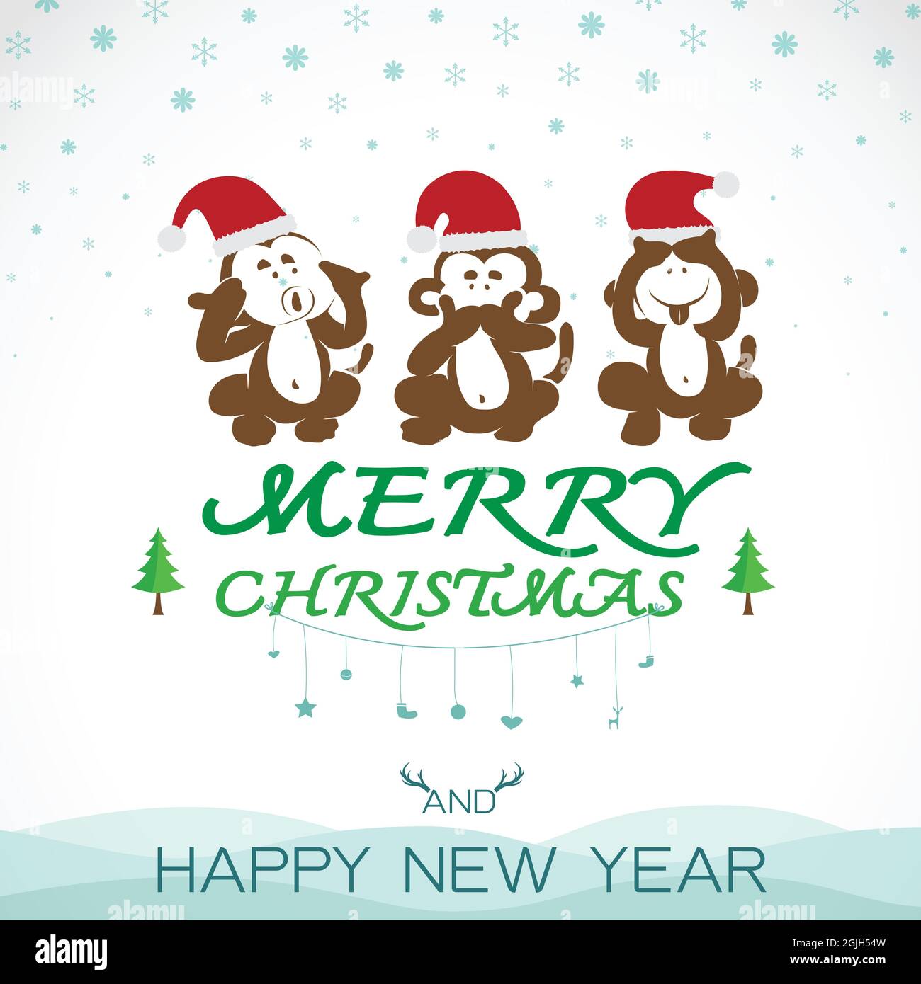 Vector image of christmas greeting card. Monkeys and santa hat. Merry ...
