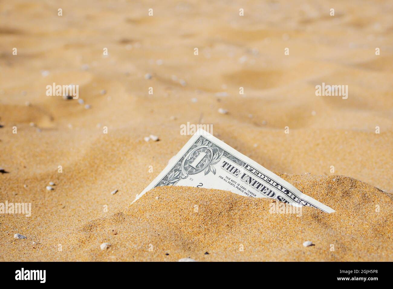 Closeup of one dollar banknote corner buried in the sand. Copy space ...