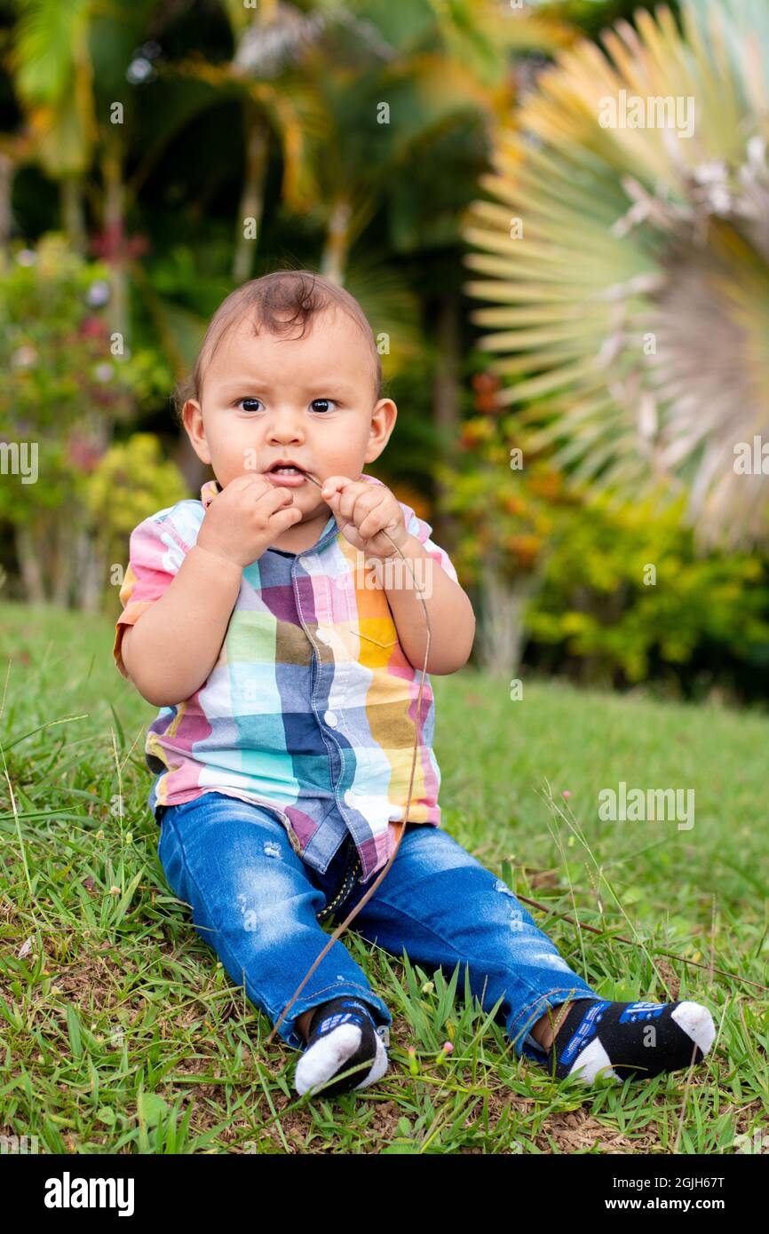 Little baby on the lawn trying things out Stock Photo - Alamy