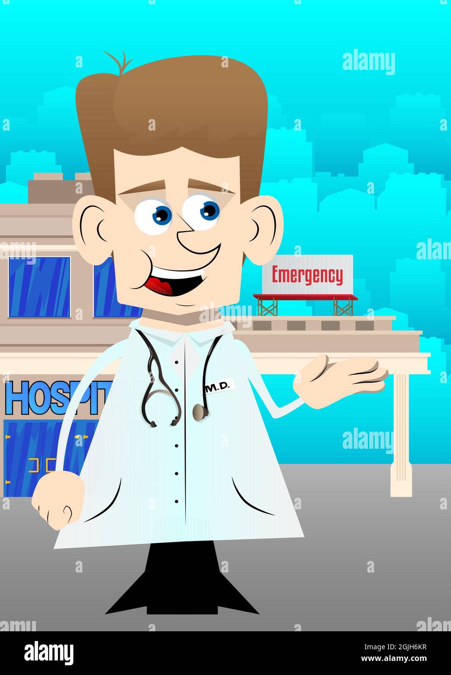 Funny cartoon doctor giving a hand. Vector illustration. Health care ...