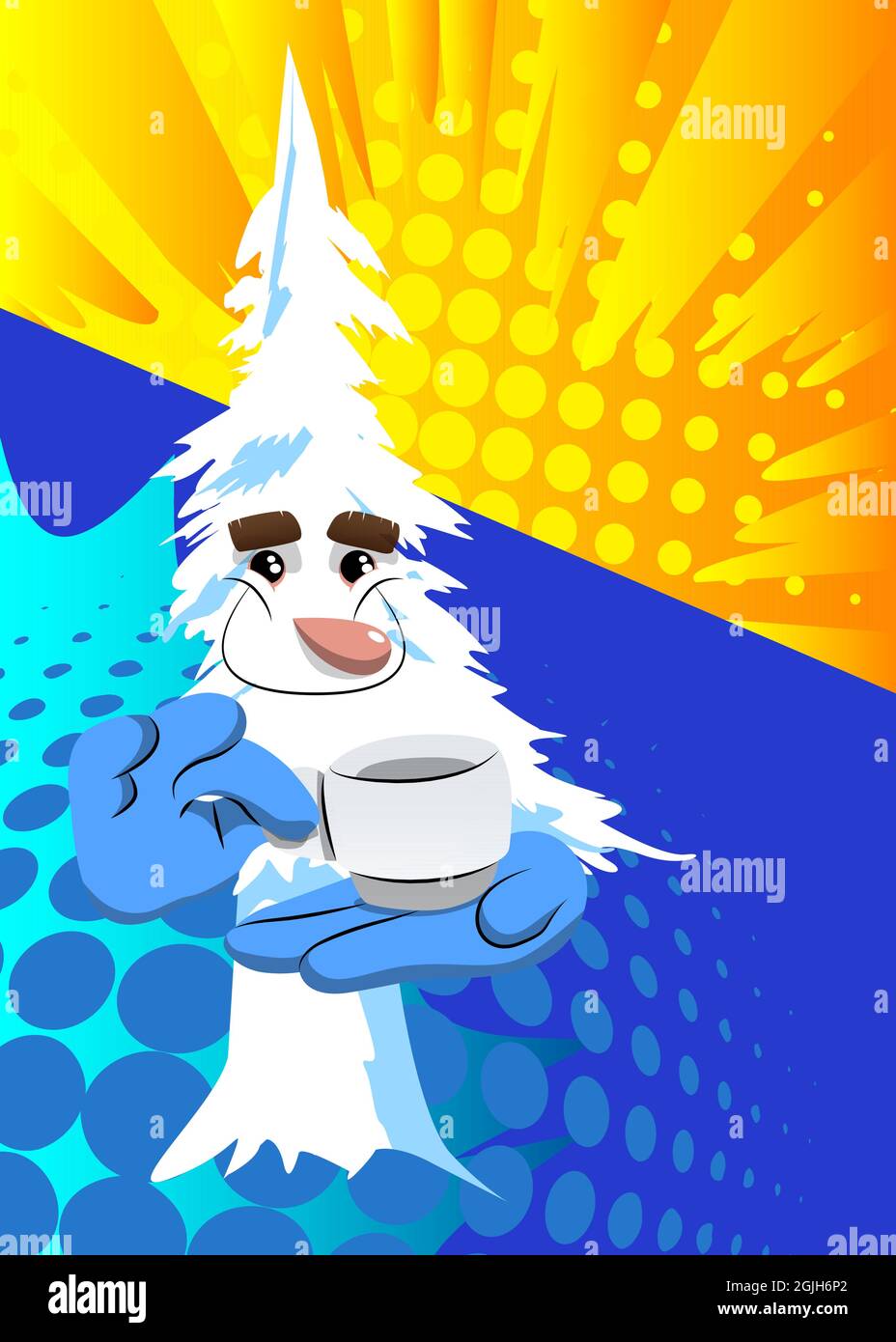 Cartoon winter pine trees with faces holding a cup of coffee. Cute ...