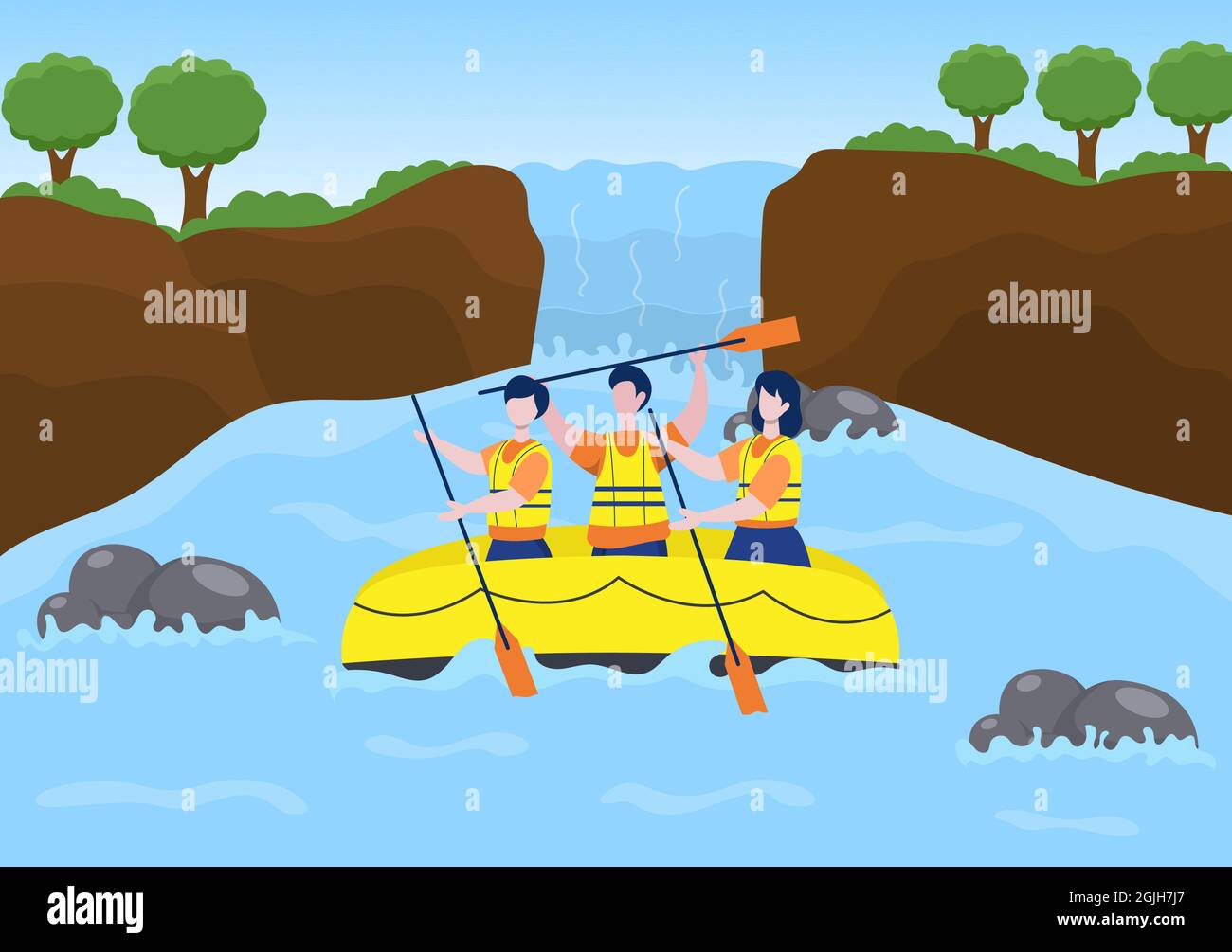 Rafting Background Flat Cartoon Vector Illustration With People do ...