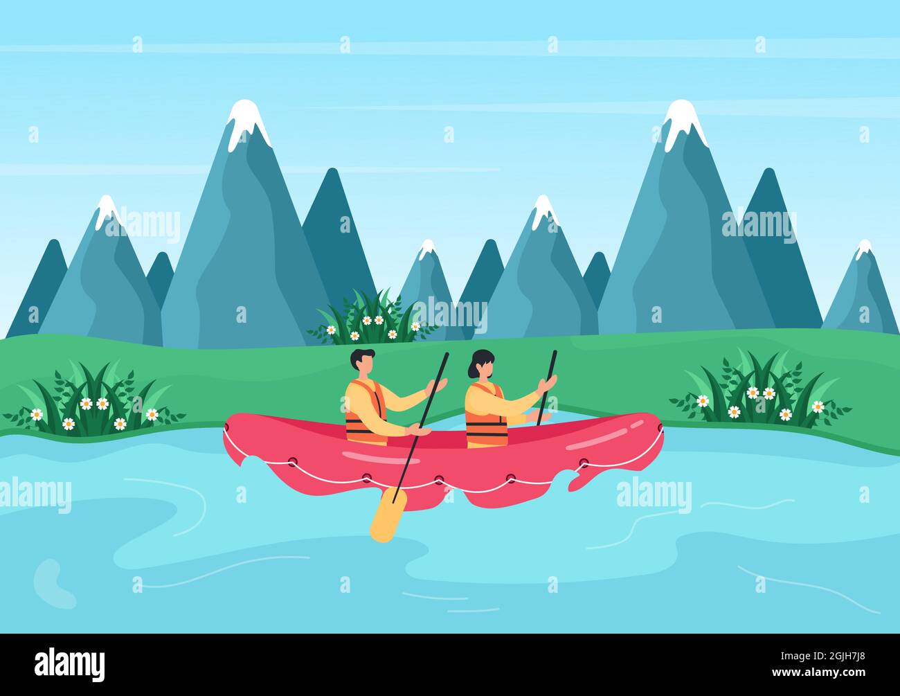 Rafting Background Flat Cartoon Vector Illustration With People do ...