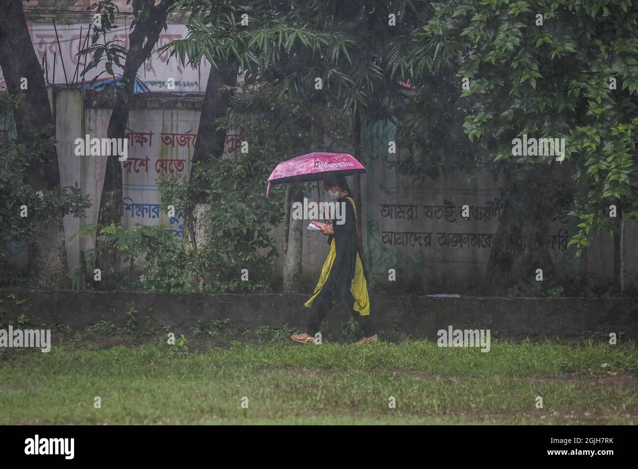 Dhaka, Bangladesh. 09th Sep, 2021. A woman shelters from the rain with ...