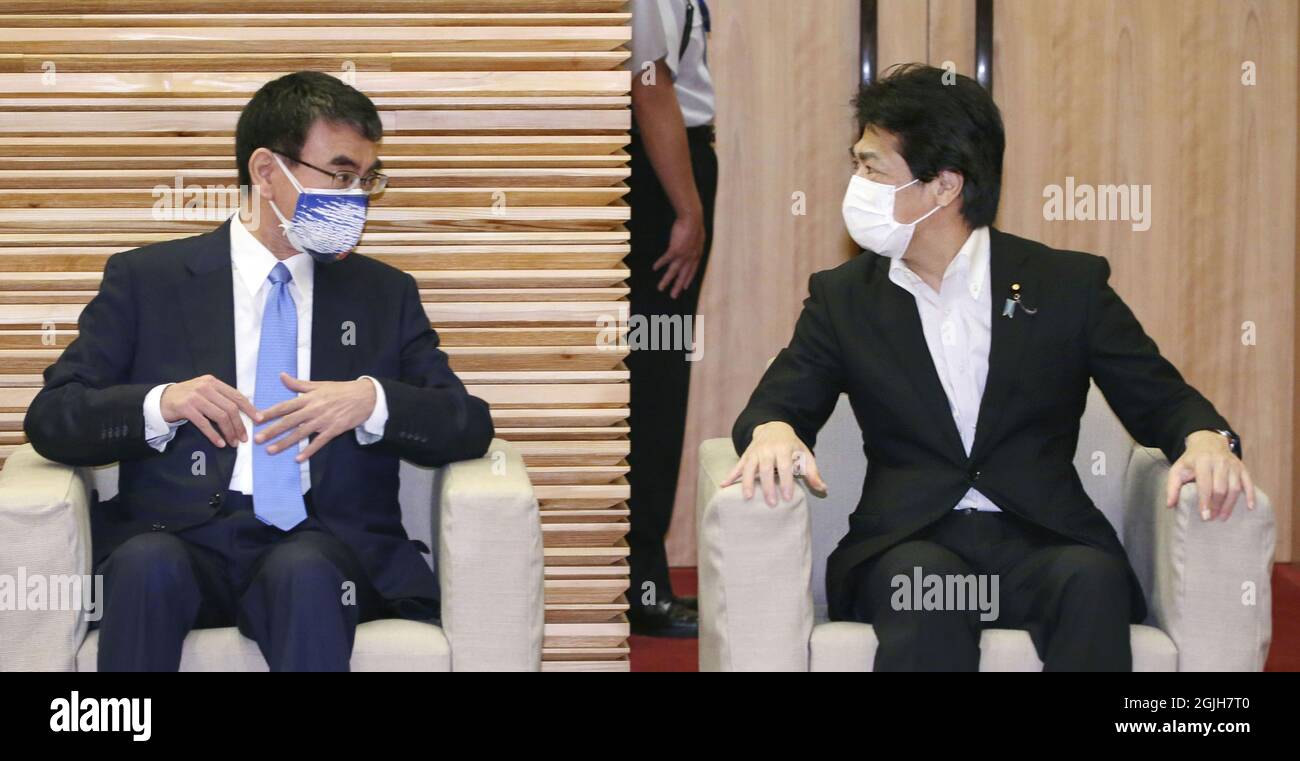 Tokyo, Japan. September 10 2021: Taro Kono (L), the minister in charge ...