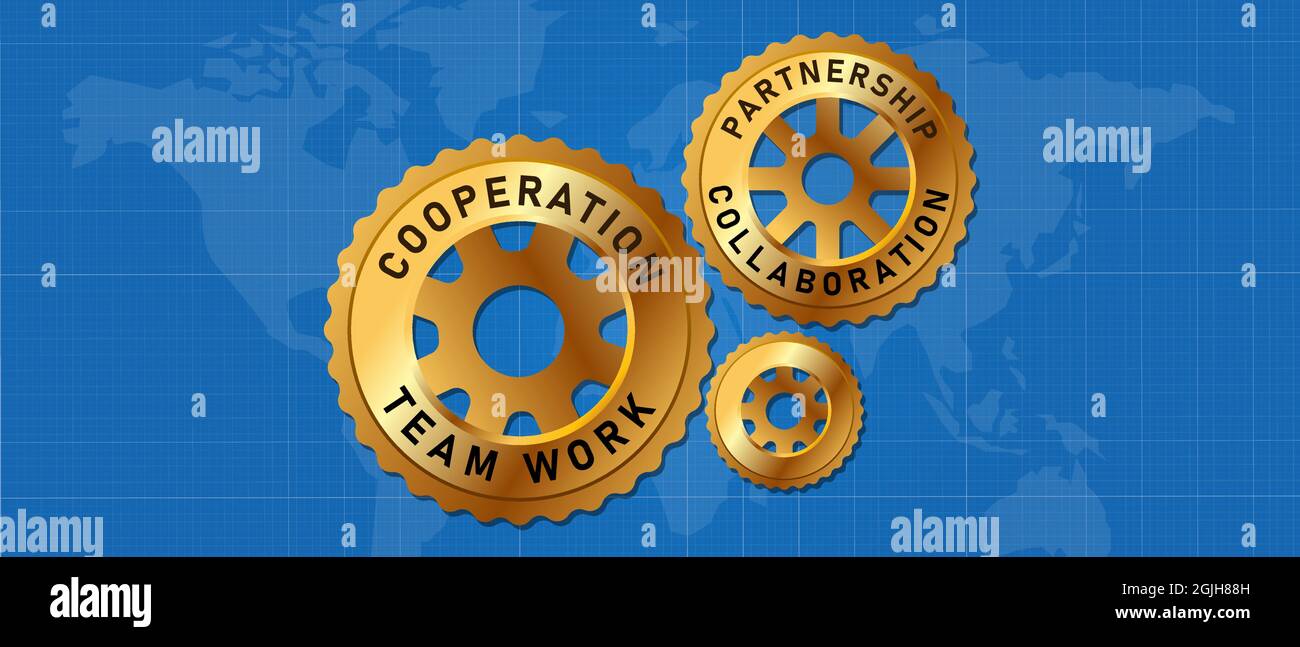 cogs wheel gear with map global partnership international team work ...