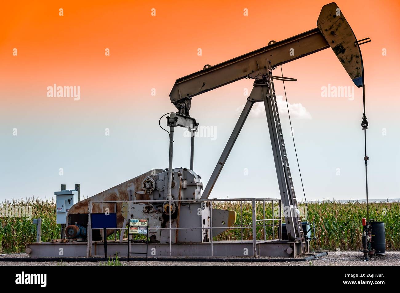 Oil pump jack against an open sky in a rural midwest corn field Stock ...