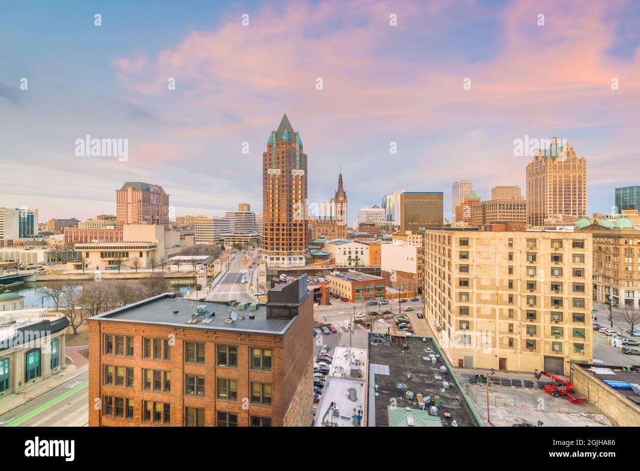 Downtown skyline with Buildings in Milwaukee at twilight, in Wisconsin ...