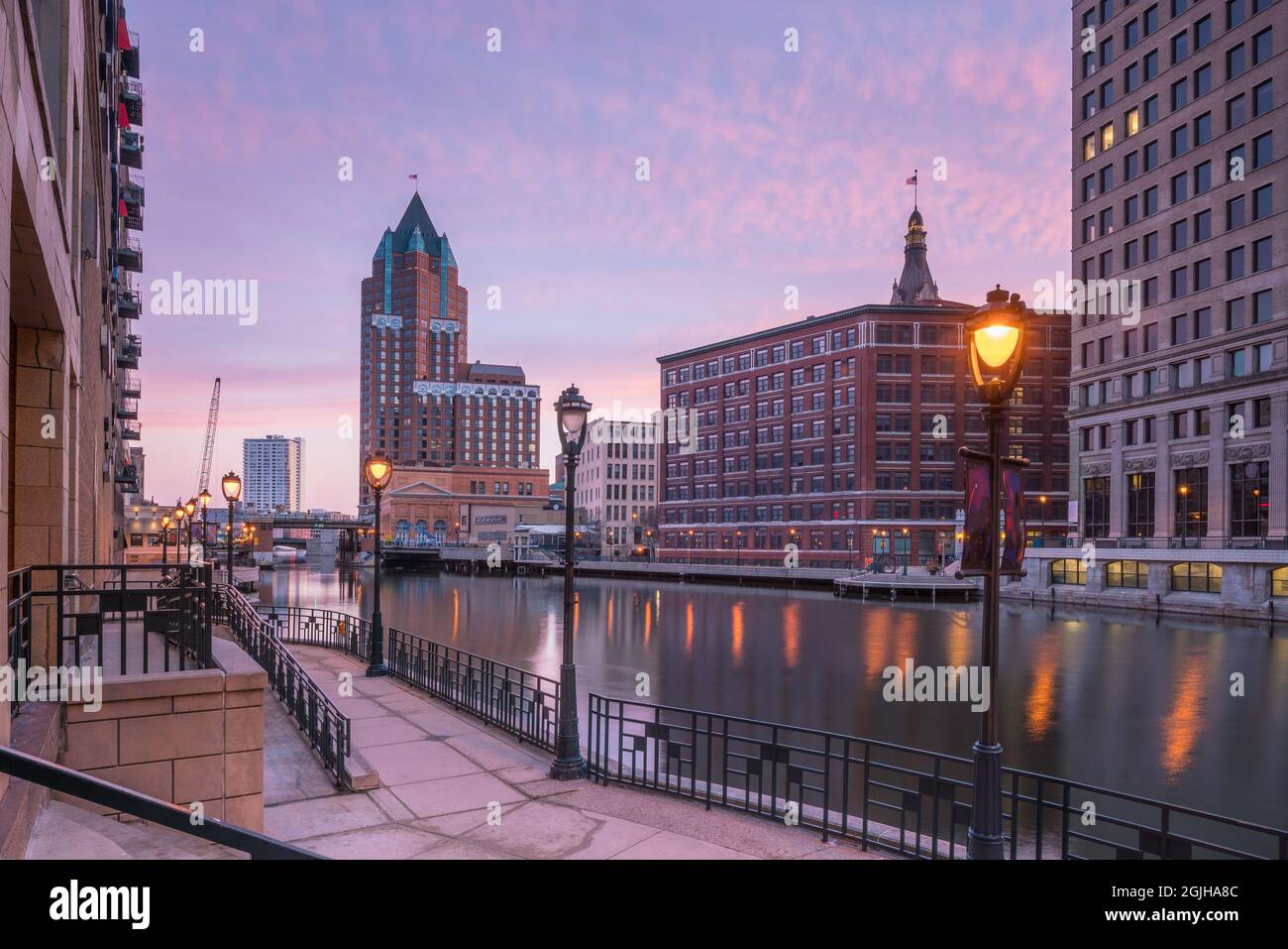 Downtown skyline with Buildings in Milwaukee at twilight, in Wisconsin ...
