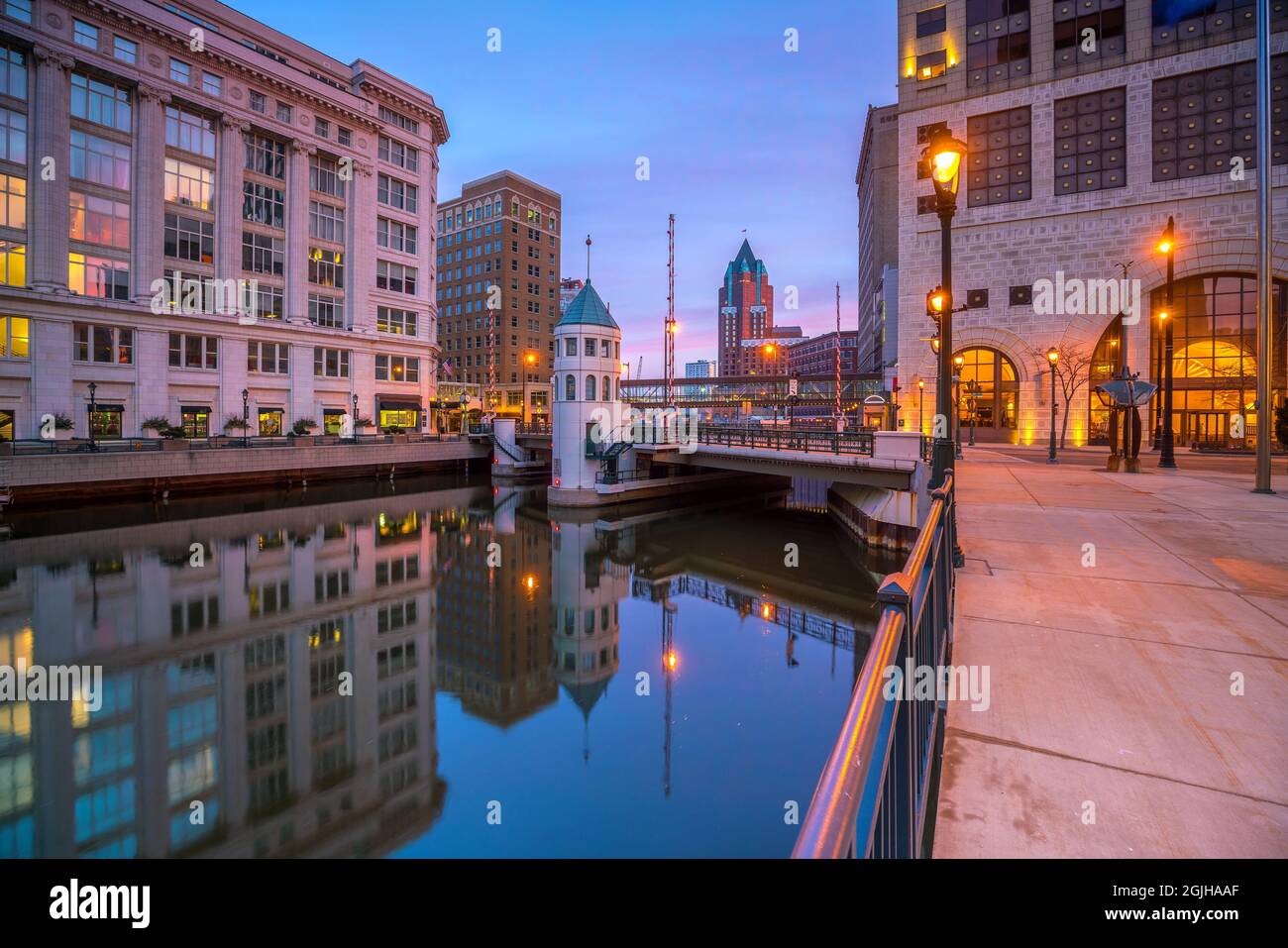 Downtown skyline with Buildings in Milwaukee at twilight, in Wisconsin ...