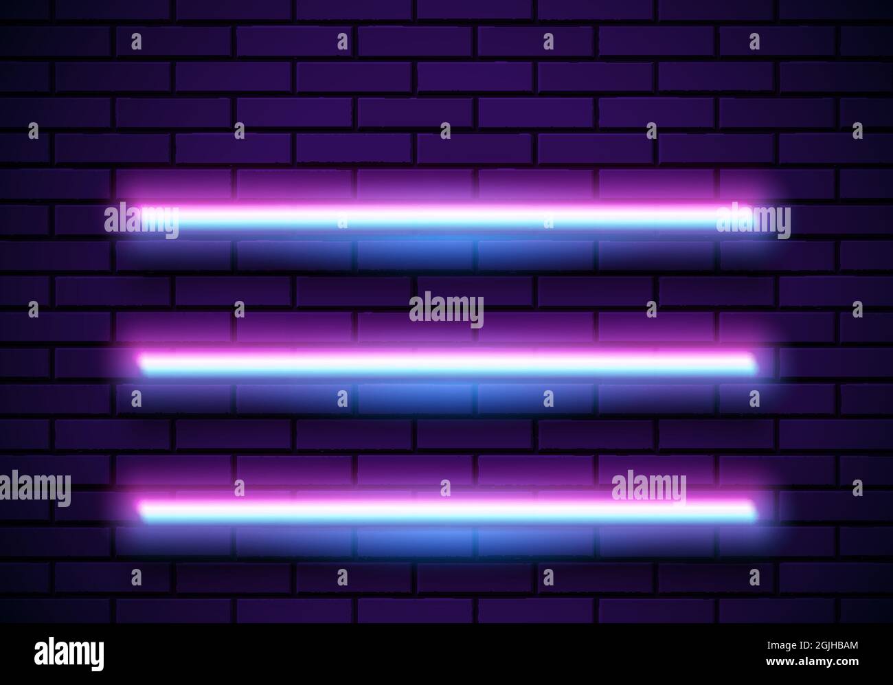 Neon frame with shelves on the blue brick wall. Classic round 80s ...