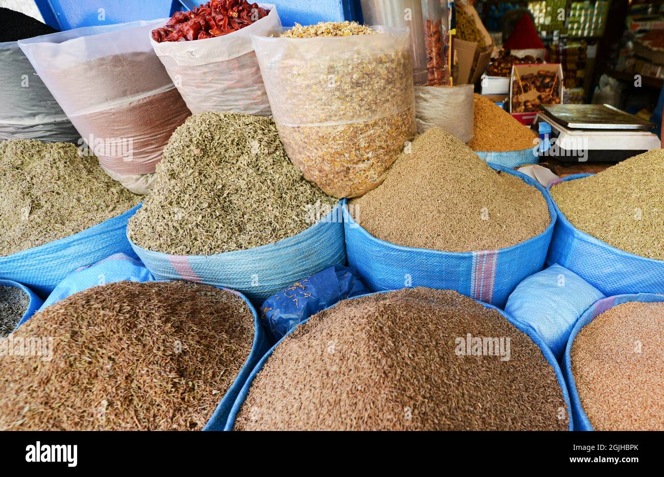 A colorful spice & pulses shop in the medina of Salé, Morocco Stock ...