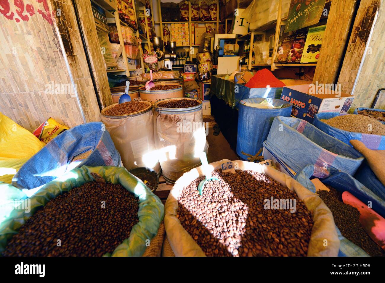 A colorful spice & pulses shop in the medina of Salé, Morocco Stock ...