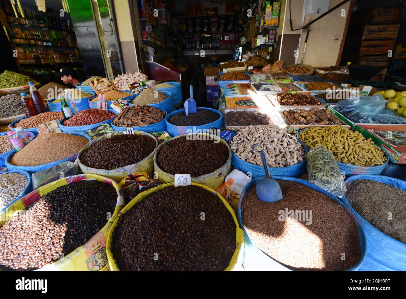 A colorful spice & pulses shop in the medina of Salé, Morocco Stock ...