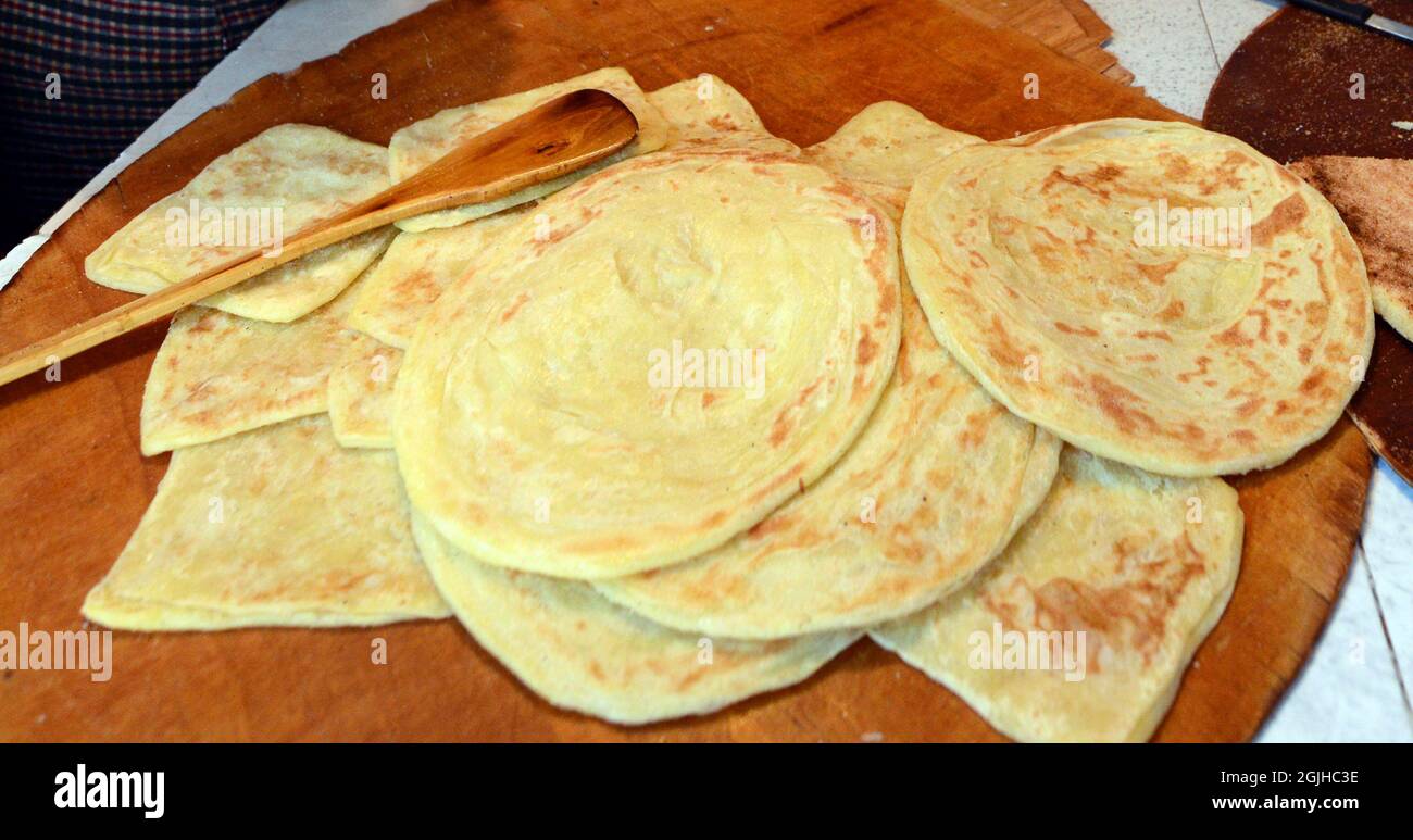 Msemen traditional Moroccan bread in a small shop at the Salé medina ...