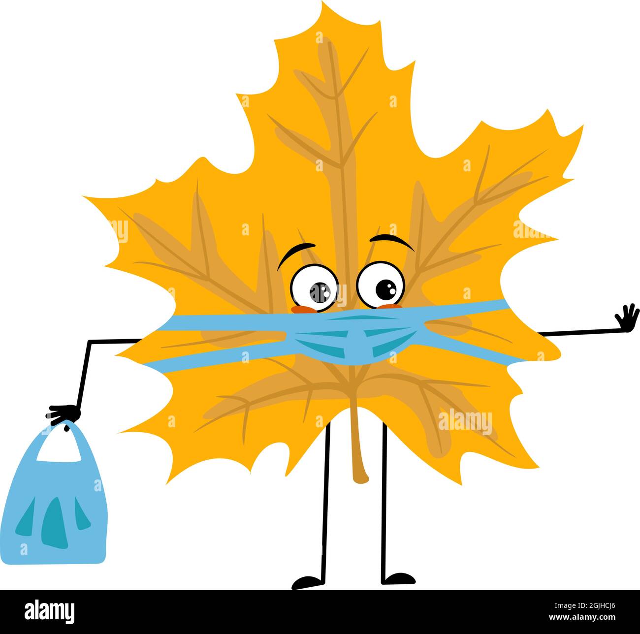 Maple leaf character with sad emotions, face and mask keep distance ...