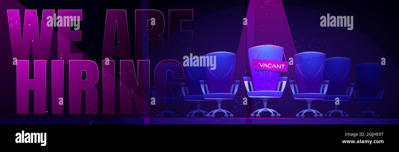 We are hiring banner with empty chair lit by lamp. Vector poster of job ...