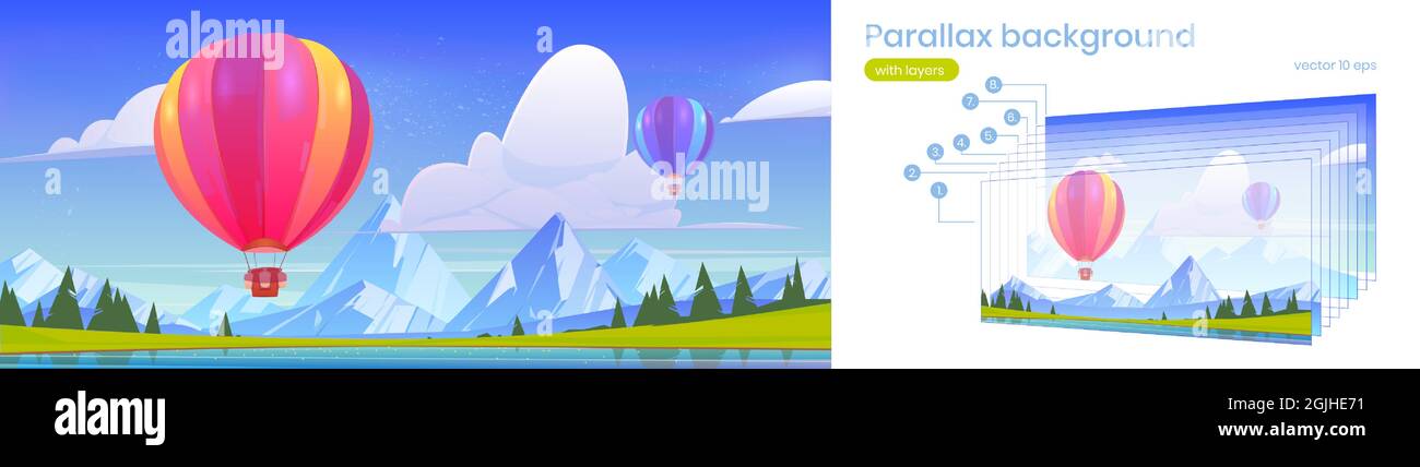 Parallax background hot air balloons flying in blue sky above mountains ...