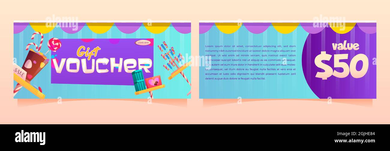 Gift voucher for candy store, shopping certificate for buying sweets ...