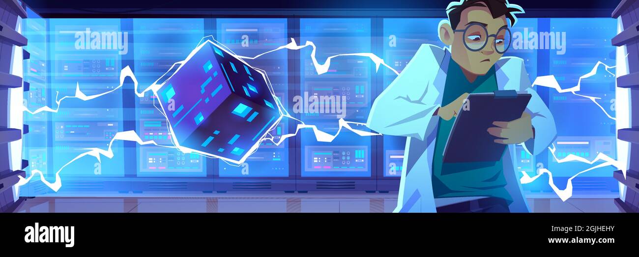 Admin in data center room with server hardware and hologram of computer ...