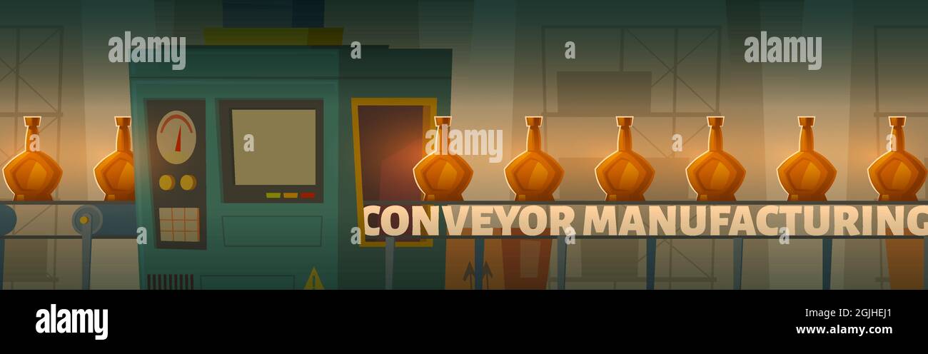 Conveyor manufacturing cartoon banner, factory belt with glass bottles ...