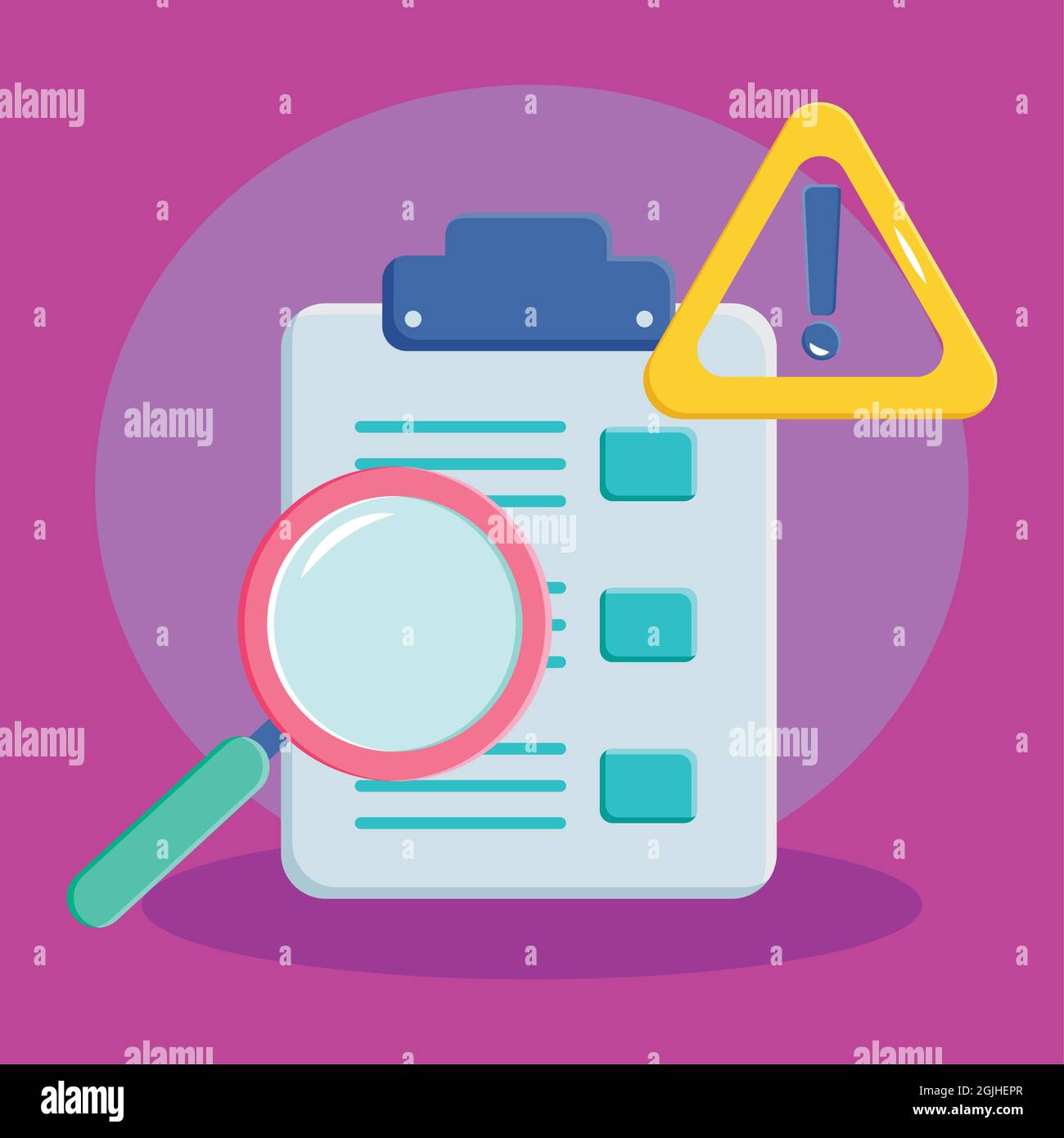 clipboard with magnifying glass and warning sign Stock Vector Image ...